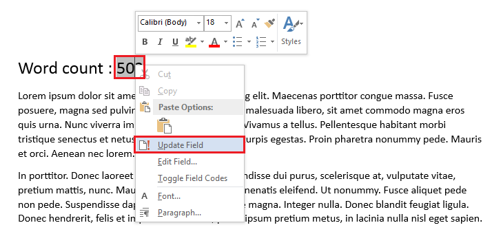 Word 2013: Insert a Word Count Field