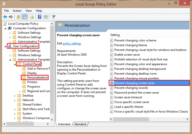 Windows 8: Using Group Policy to Prevent Screen Saver Changes