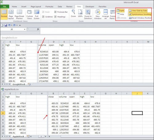 Excel Use Synchronous Scrolling And Split Multiple Columnrows In Verticalhorizontal View