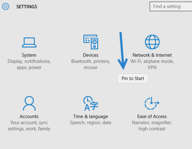 Windows 10: Pin a Settings Shortcut to the Start Menu