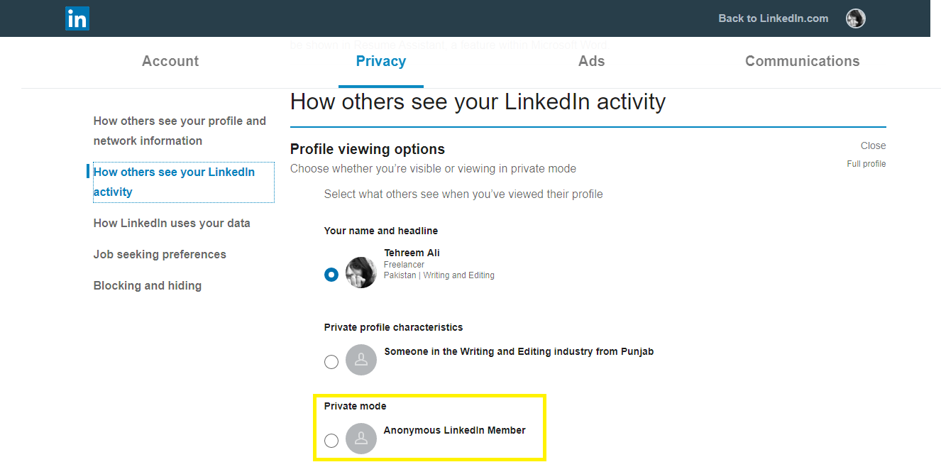 How to Turn on Private Mode in LinkedIn