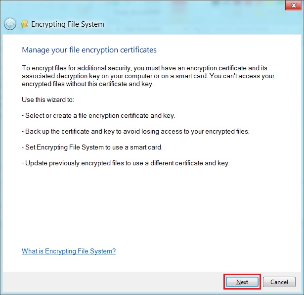 Create A File Encryption Certificate and Key For Windows 8