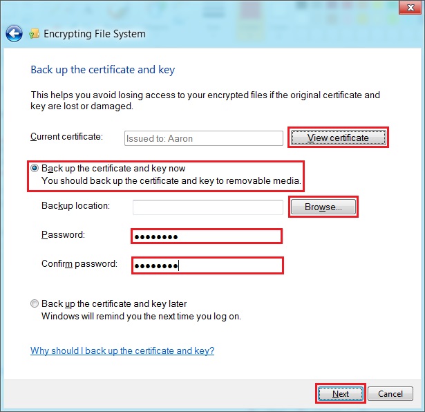 Create A File Encryption Certificate and Key For Windows 8